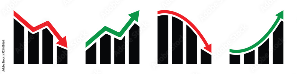 business growth chart with arrow, growing graph icon set. simple increase and decrease bar ...