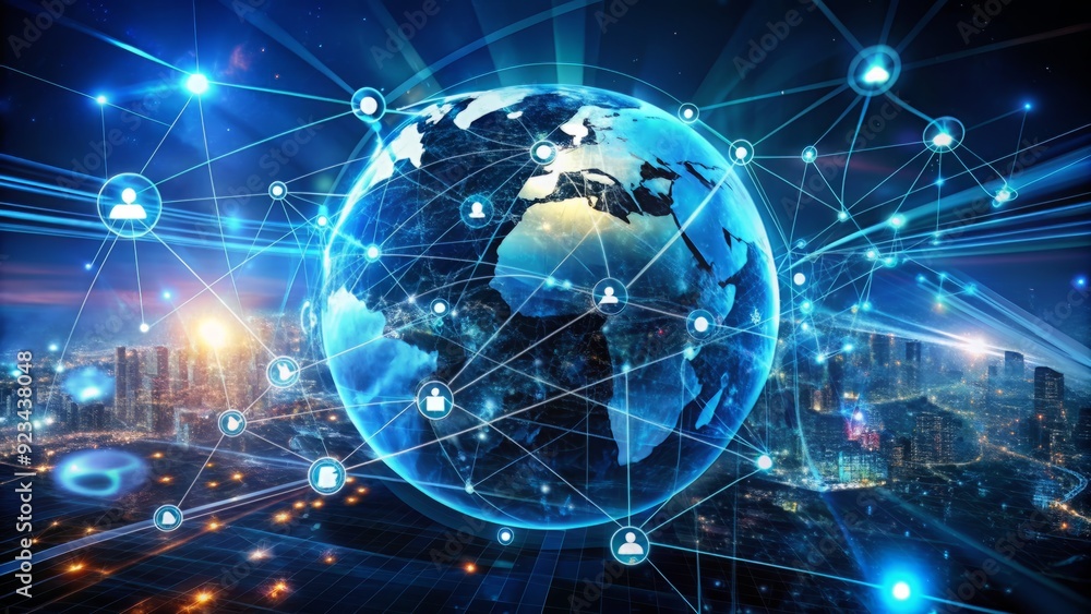 Global network of interconnected devices, circuits, and abstract tech elements converging to ...