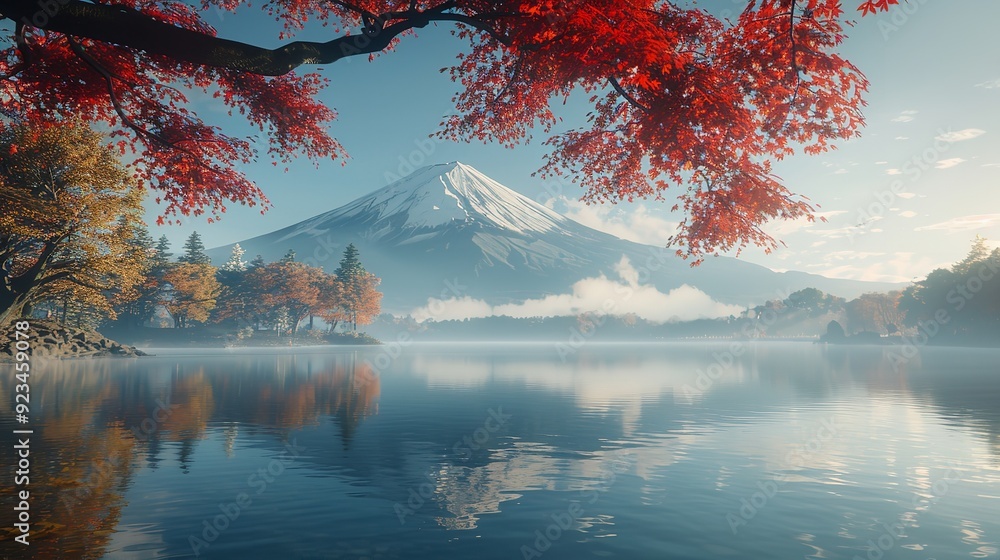 The colorful Season and Mount Fuji with morning fog and red leaves at ...