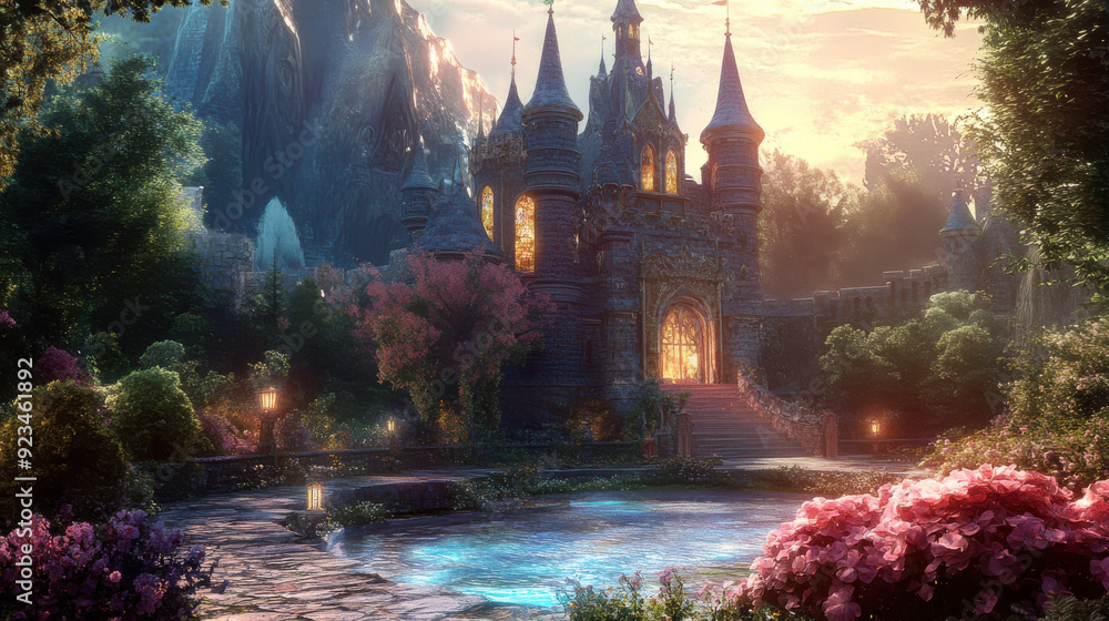 Fairy tale castle combining eclectic artistic styles, nestled in a ...