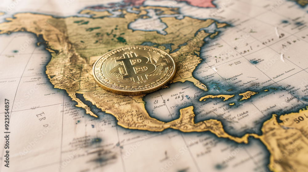 Bitcoin coin on political map of North America, on the territory of ...