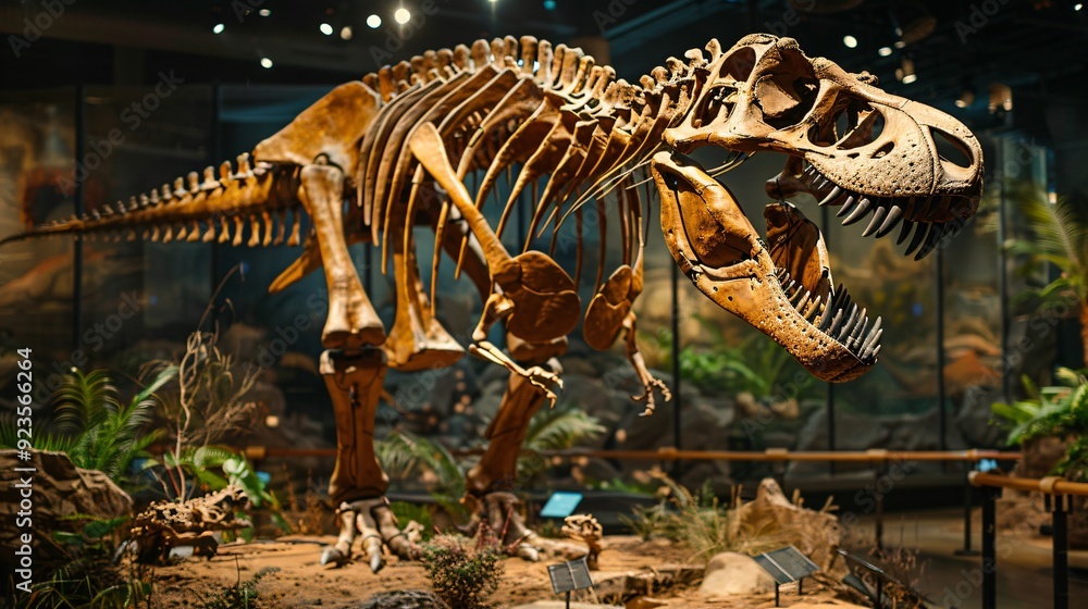 The skeletal remains of a Tyrannosaurus rex stand prominently in a ...