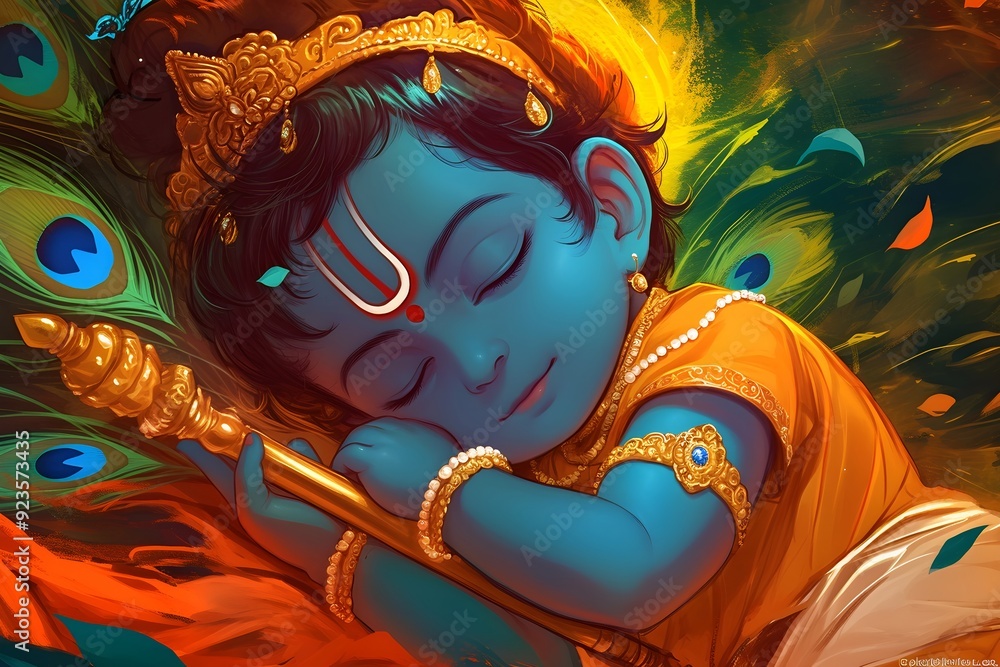 Cute little sleeping baby Krishna with blue skin and peacock feather ...