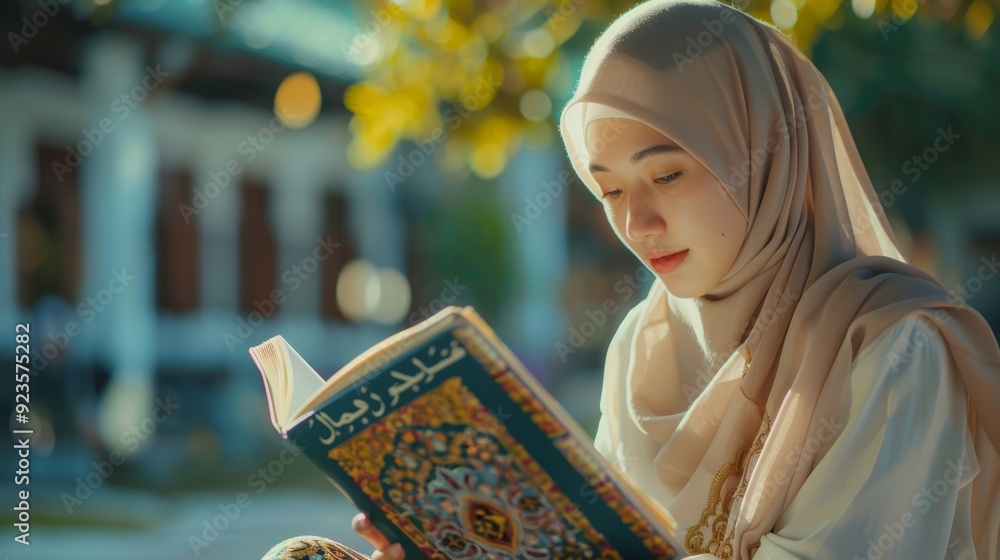 Asian Muslim woman is reading Quran and admiring and believing in the ...