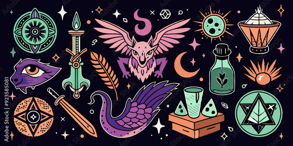 Fantasy linocut stamp set, vector magic fairy tale engraving dragon ...