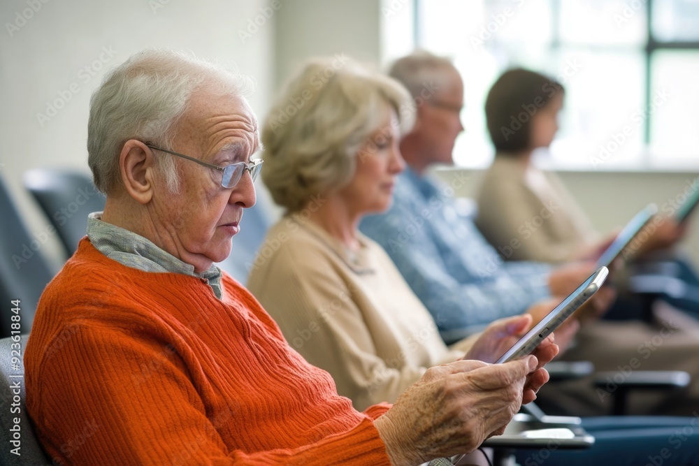 Seniors in a classroom setting, each holding a tablet and learning to ...