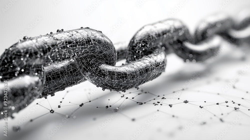 Network breach visualization, broken chain links, wireframe 3D art ...