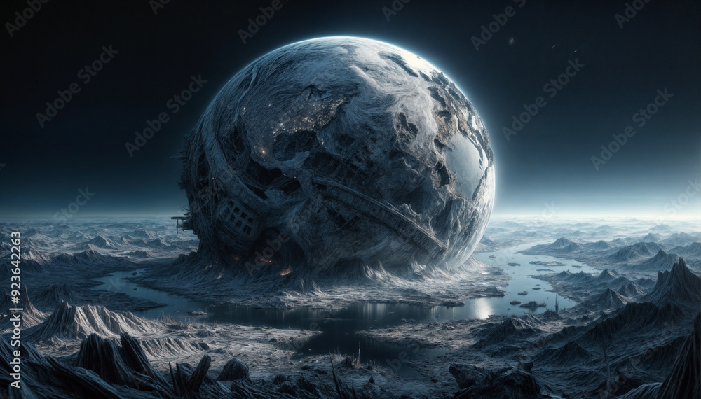 Planet with destroyed surface and mountains, with water and sky with ...