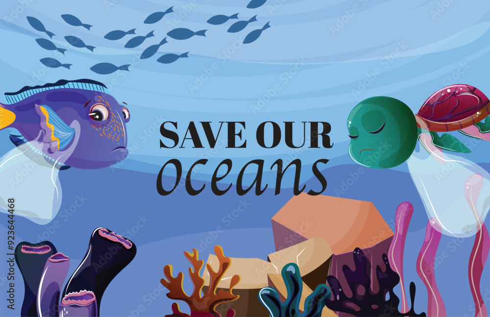 Horizontal banner with a sad blue tang fish and turtle with plastic ...