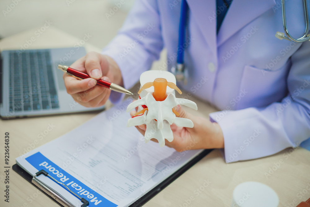 Orthopedist and surgeon using model or anatomical model of spine to ...