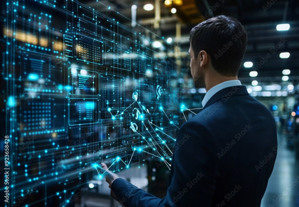businessman overseeing AI-driven business processes, with connection ...