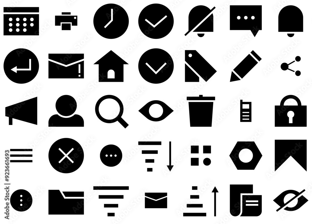 Set Of Basic User Interface Isolated Silhouette Solid Icons With ... Set Of Basic User Interface Isolated Silhouette Solid Icons With ...