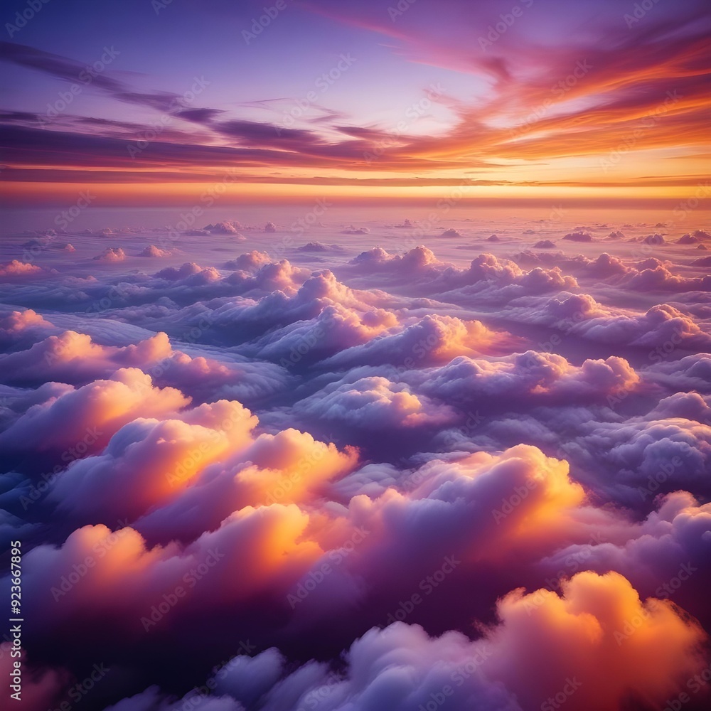 Above clouds, an aerial perspective showcasing a vibrant sunset above layers of clouds, with ...