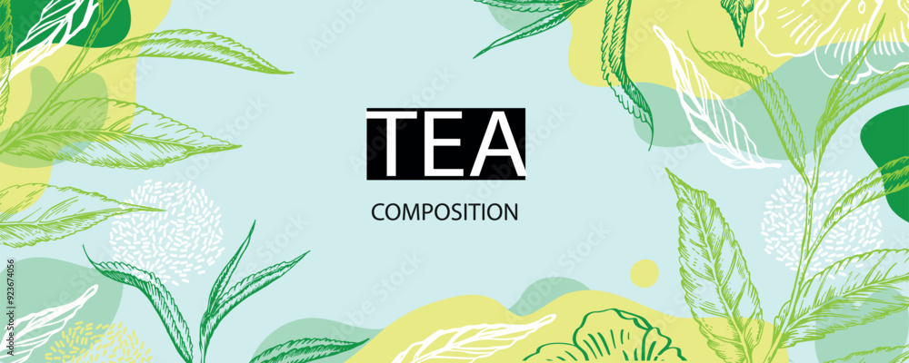 Green banner for tea design. Tea shop. A cup drawn in one line ...
