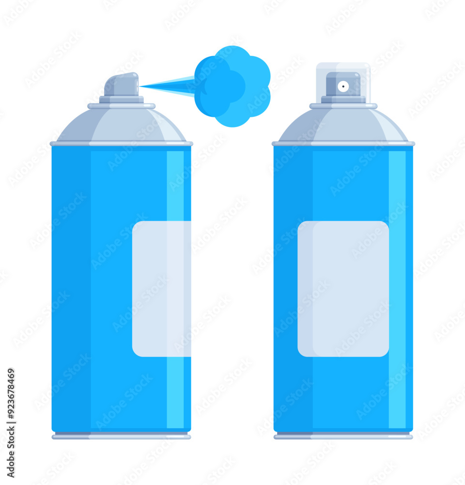 Set of light blue spray paint cans with silver caps, one spraying paint ...