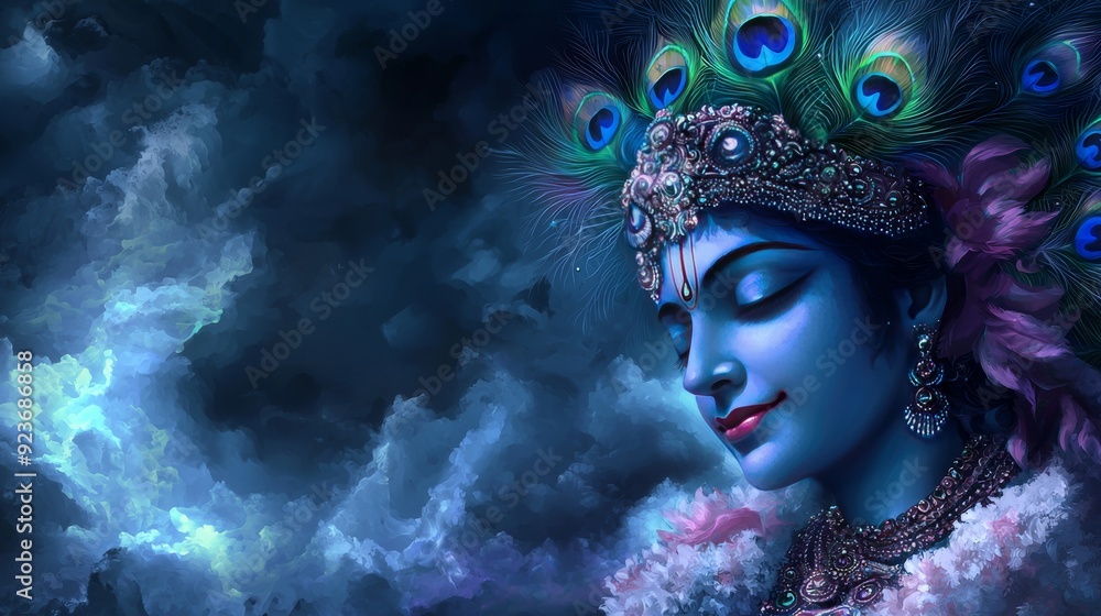 Majestic Lord Krishna with Peacock Feather Crown Stock Illustration ...