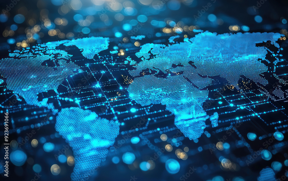 Digital world map with glowing blue dots and lines representing global ...