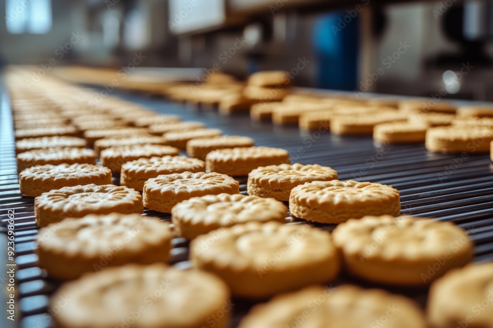 Automated Cookie Production Line in a Candy Factory, Fresh Biscuits on Conveyor Belts ...