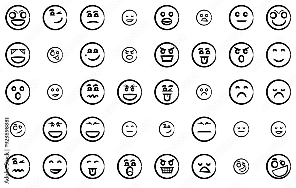 Set Of Linear Emoticon Hand Drawn Icons Collection Isolated Silhouette ...