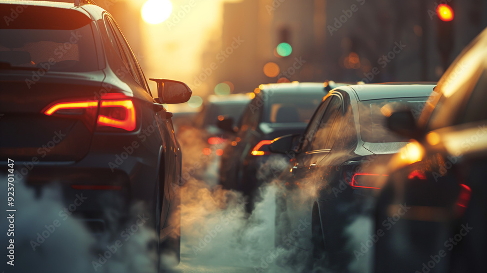 Cars in a traffic jam emit smoke from exhaust pipes on a city street ...