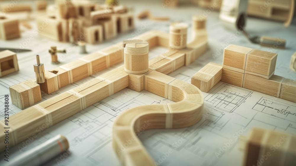 Architectural model and blueprints with wooden blocks representing ...