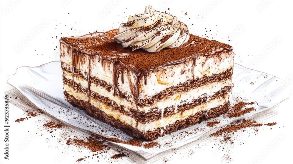 Realistic colored pencil sketch of an Italian tiramisu with layered ...