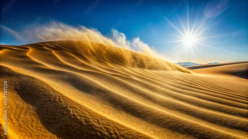 Warm golden sand particles blowing in the wind, creating a swirling ...