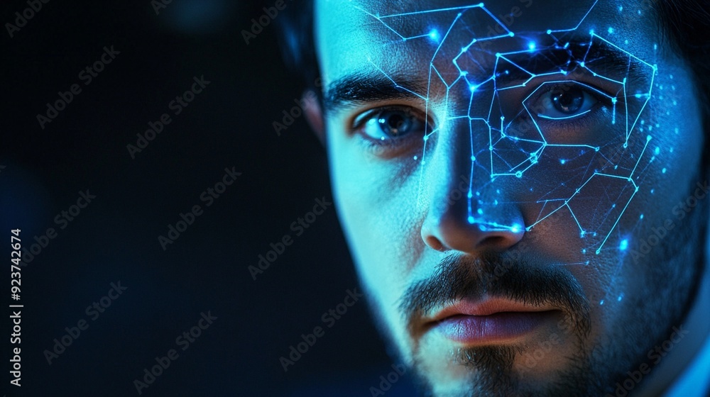Futuristic portrait showcasing facial recognition technology with ...