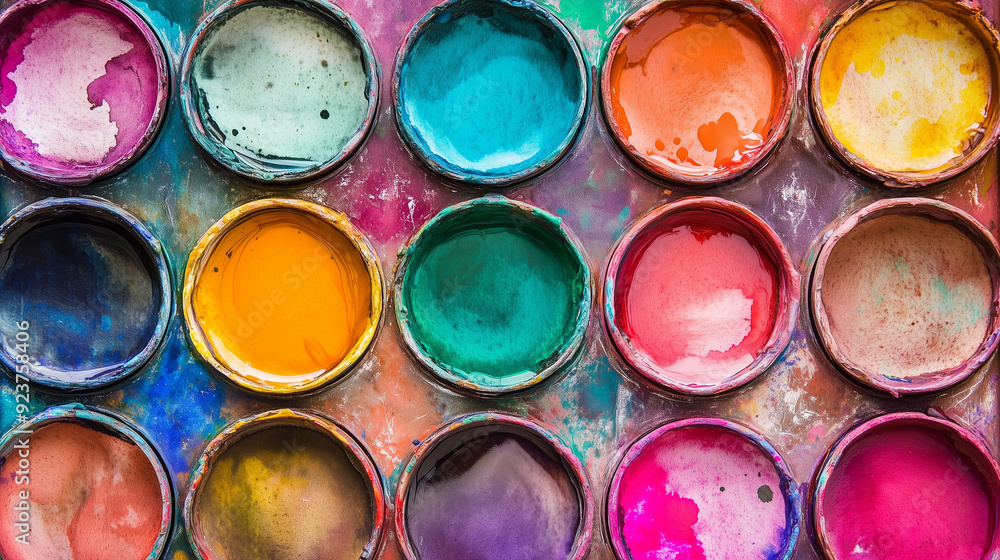 Vibrant watercolor paint pots arranged on a palette, showcasing an ...