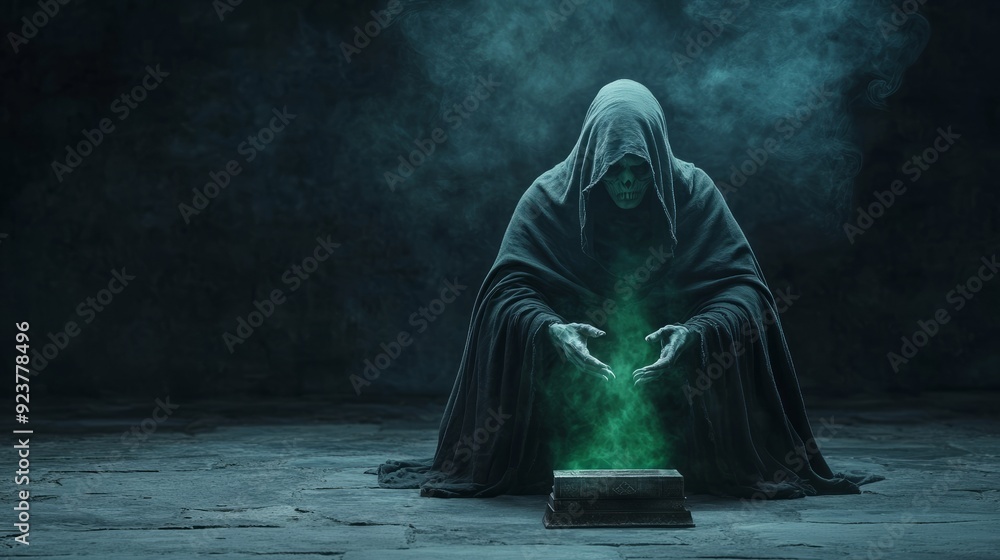 The Ancient Ritual: A hooded figure, shrouded in ethereal green smoke ...