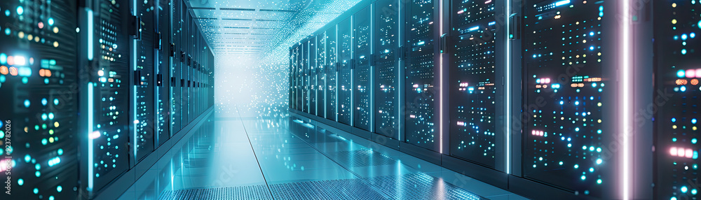 Futuristic server room with illuminated technology, showcasing a sleek ...