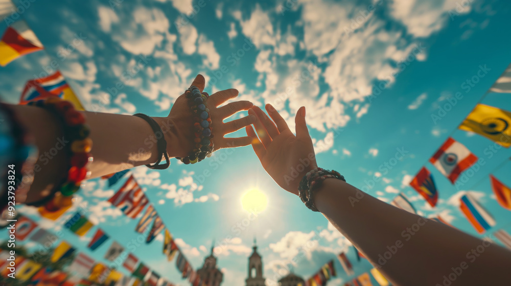 International Friendship Day, human hands up on background of flags of ...