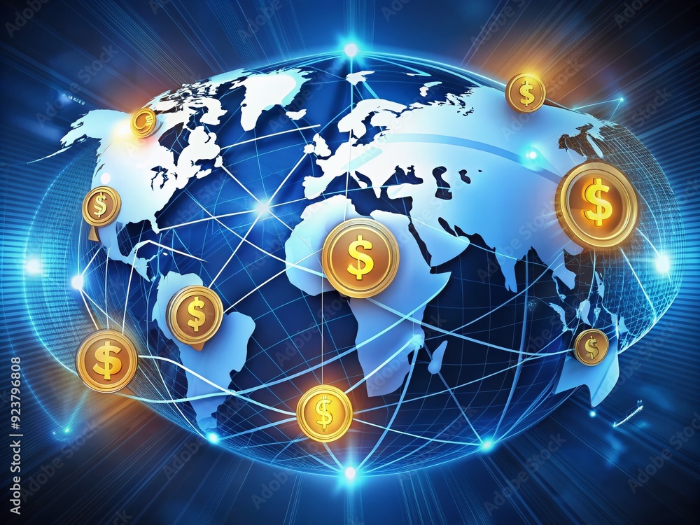 Digital illustration of global currency exchange, interbank payment ...