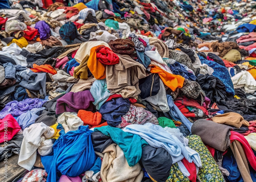 Discarded clothing piles high in a cluttered, trash-filled background ...
