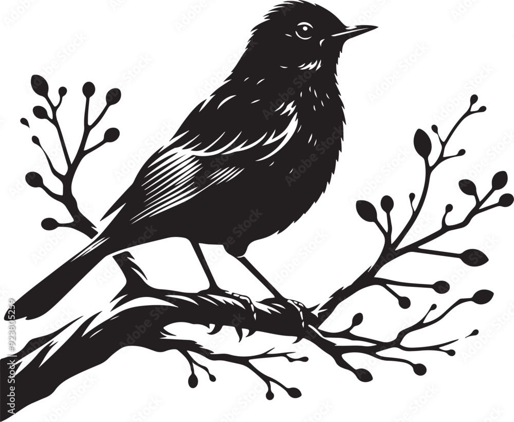 An American robin bird silhouette captures its plump body, upright ...