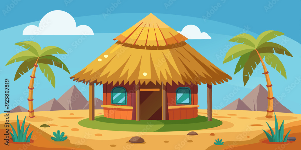 Bungalow hut, vector African thatched nipa house, straw village ...