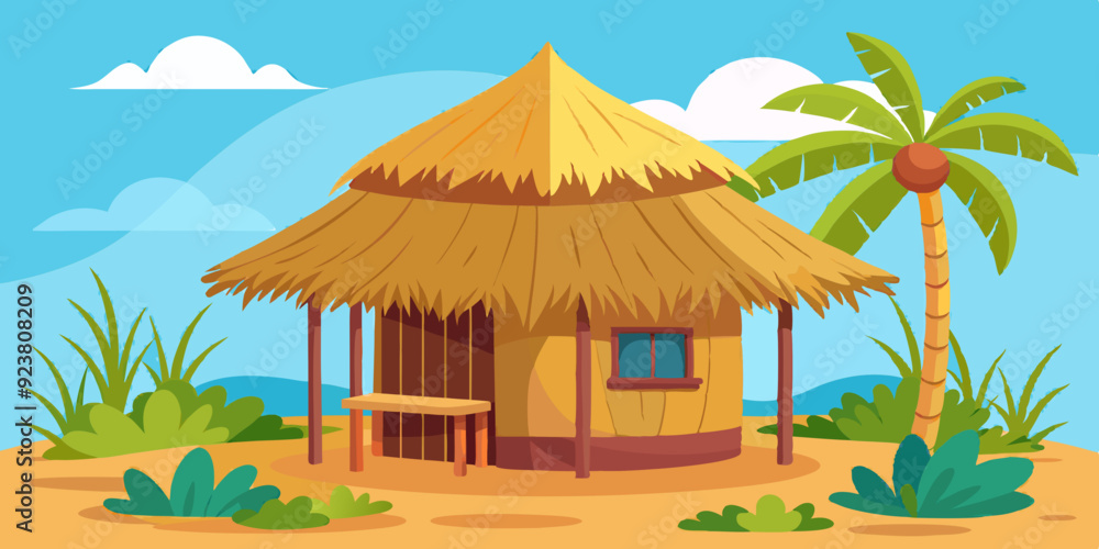 Bungalow hut, vector African thatched nipa house, straw village ...
