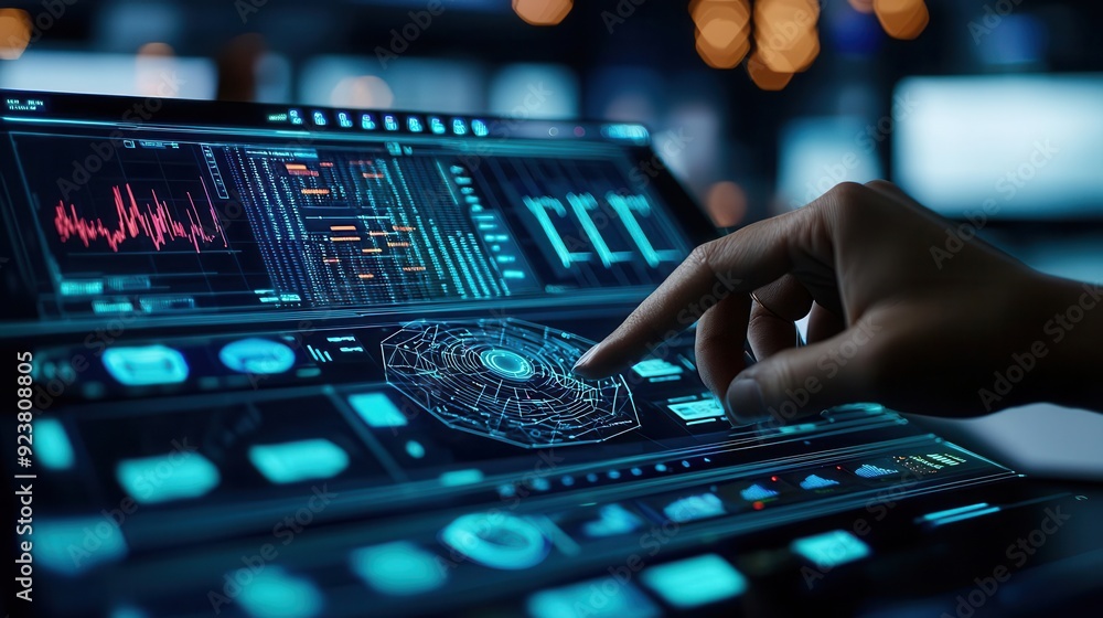 Holographic compliance monitoring, futuristic business banking, AI-powered financial audit ...