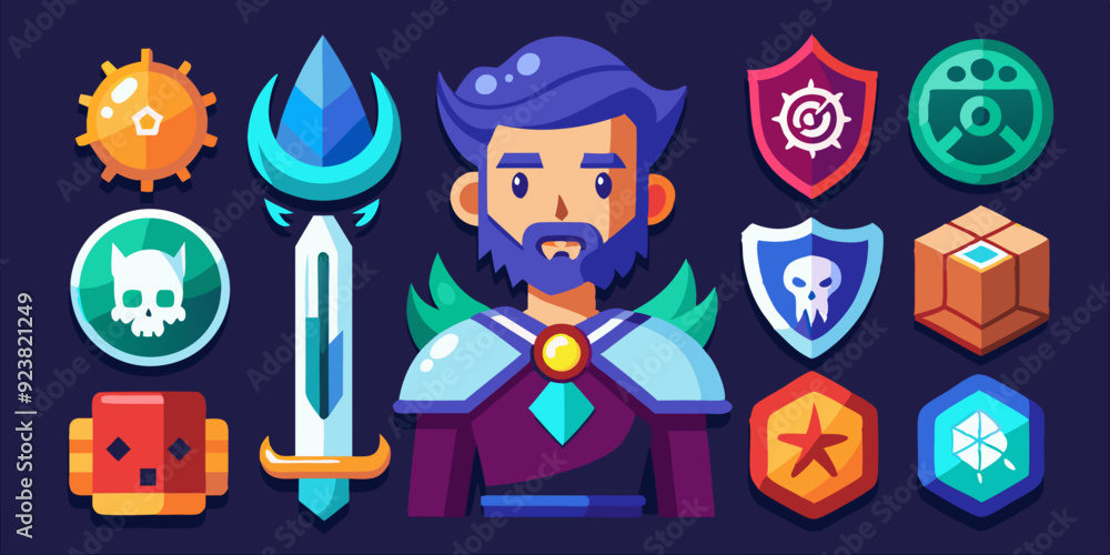 Image vectorielle Stock RPG game icon set, pictogram UI kit, fantasy ...