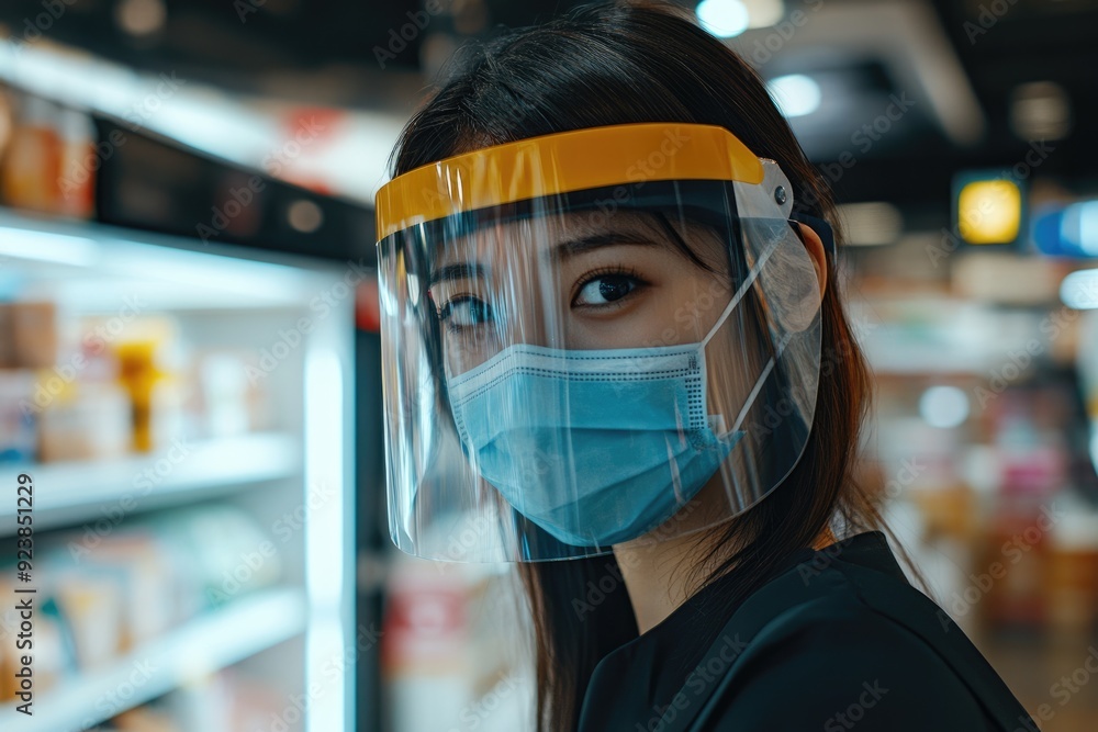 Grocery Store Employee Mask. Asian Female Cashier in Medical Protection ...