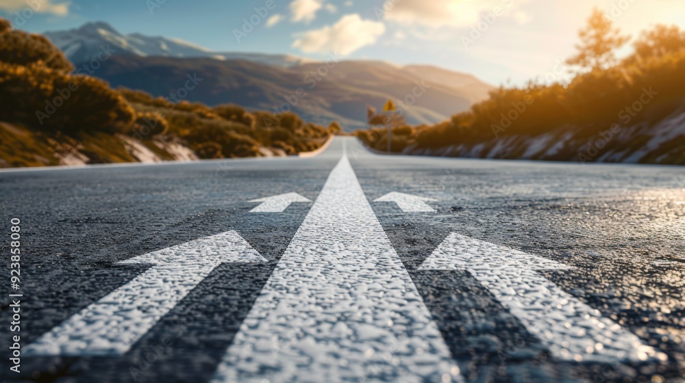 forward arrow in the middle of a road on a sunrise. concept advance ...