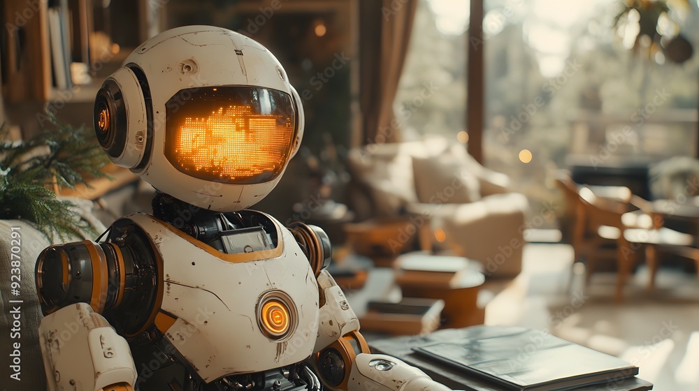 Robot Learning from AI System: A wide 16:9 shot of a robot learning and ...