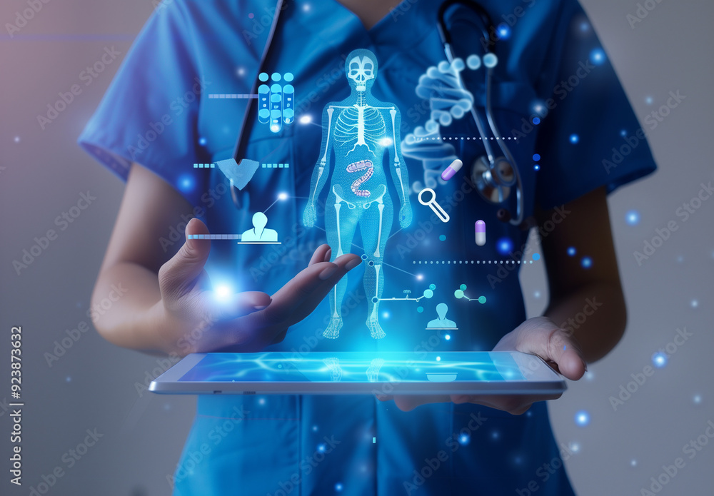 Nurse in blue scrubs using an iPad with holographic medical symbols and ...