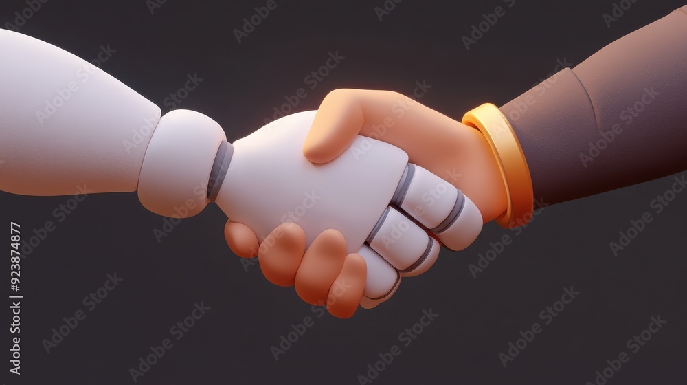 A human hand shaking hands with an AI-powered robotic hand, symbolizing ...