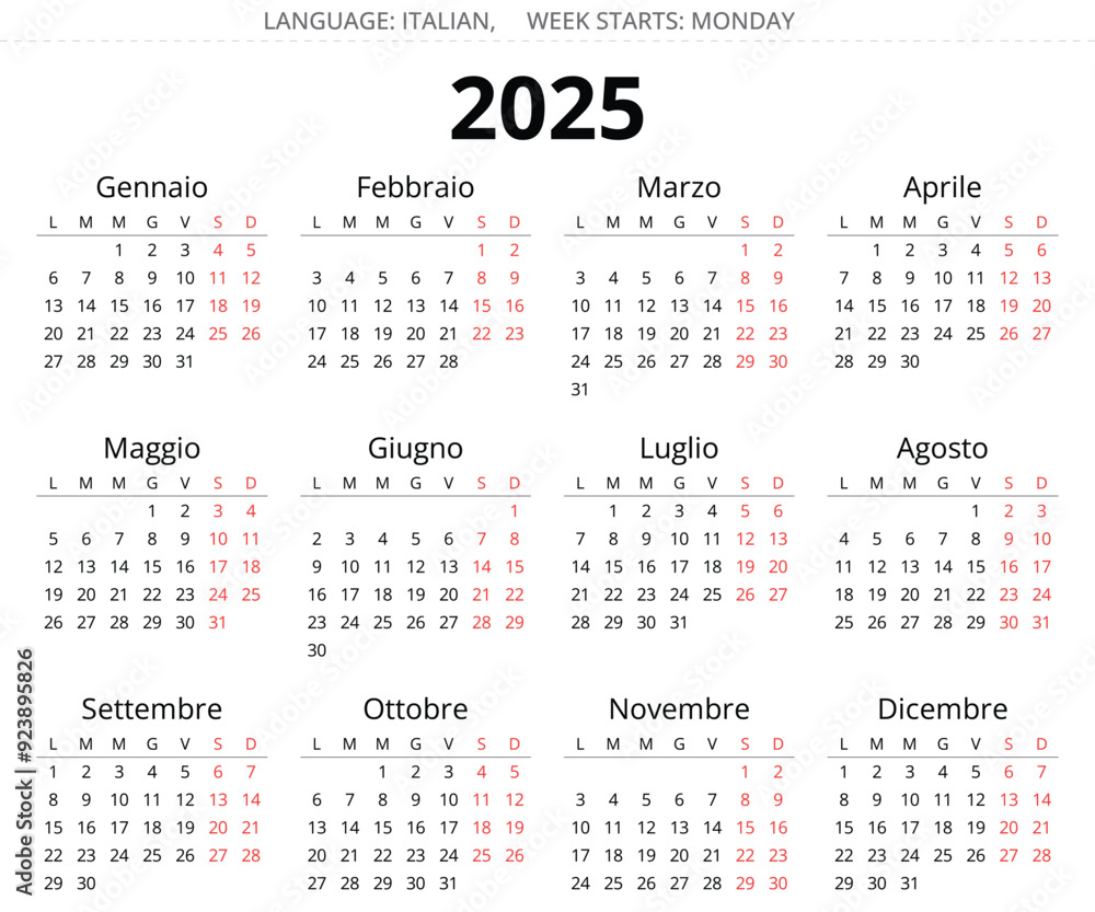 2025 italian year calendar with 12 months. Printable vector ...