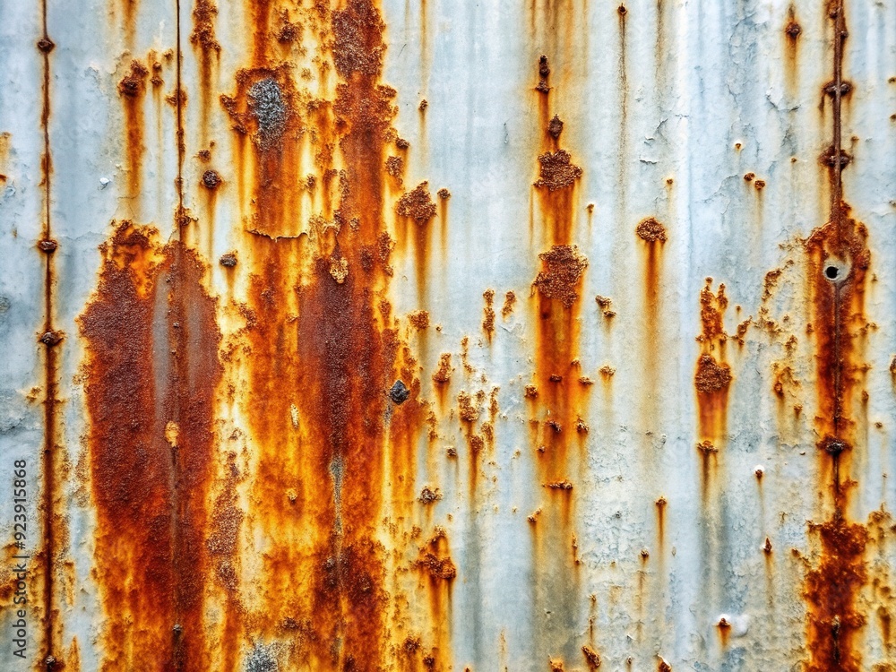 Weathered and worn, a corroded metal wall showcases a rusted white ...