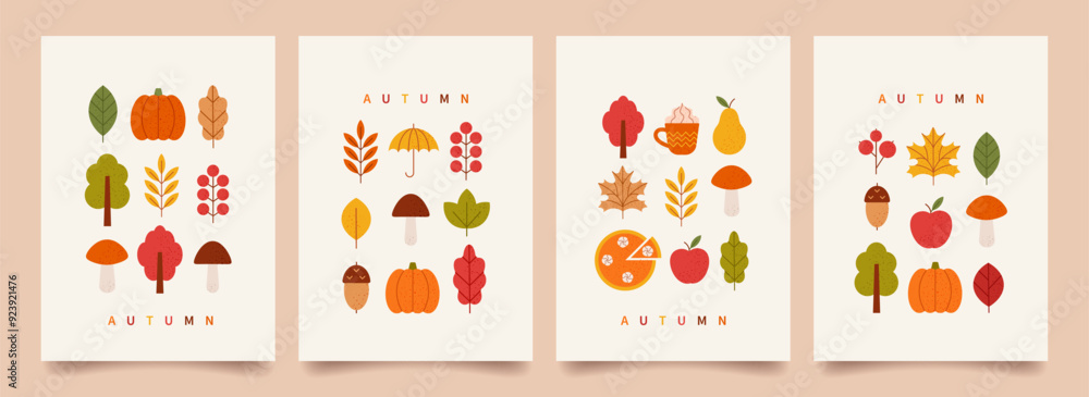 Autumn vibe. Minimal geometric poster set. Fall leaves, pumpkin pie ...