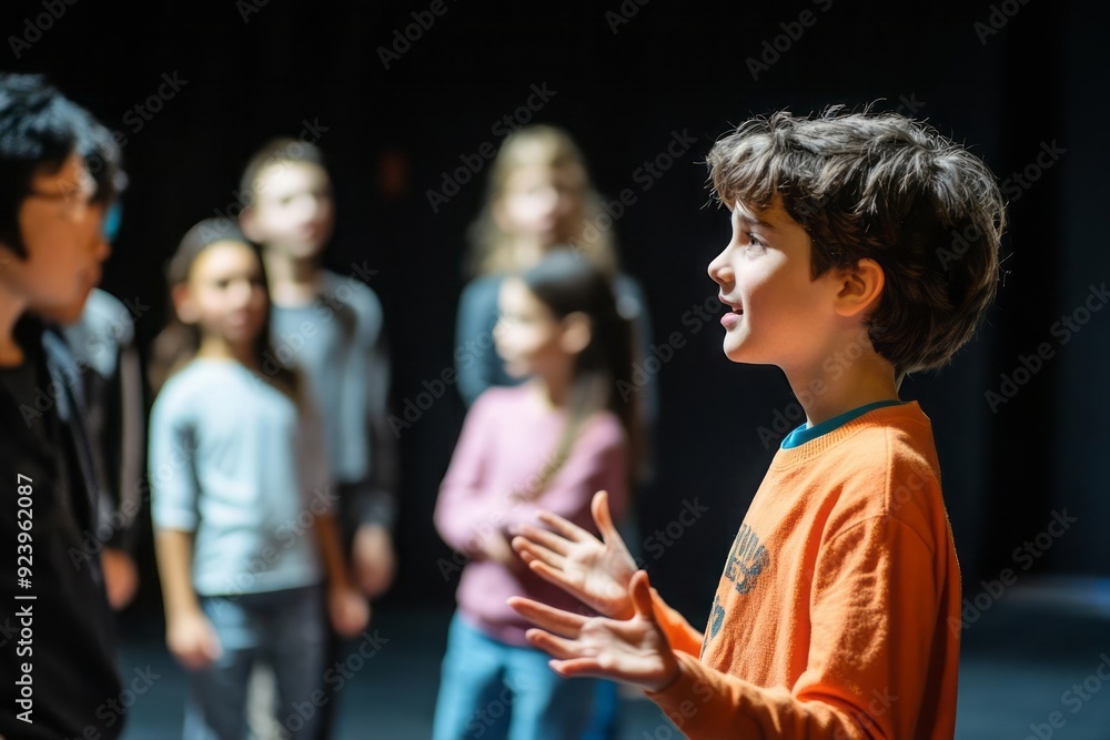Children theater, with young actors practicing their lines and ...