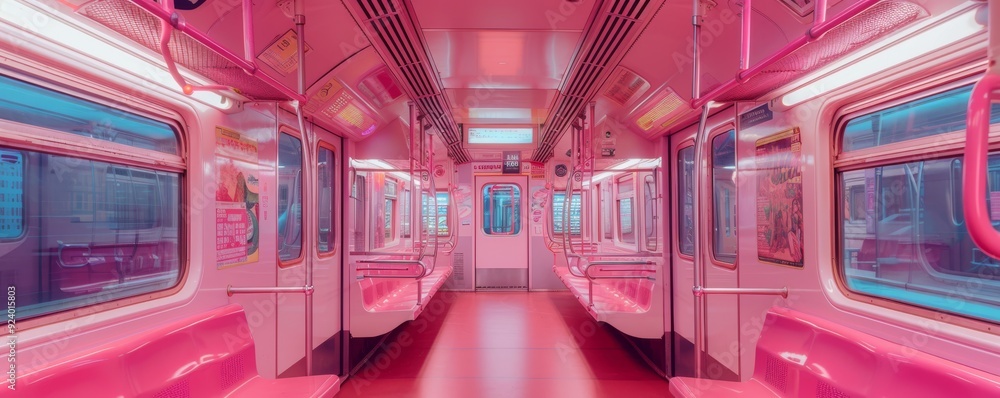 Inside view of a pink subway train with empty seats and colorful ...