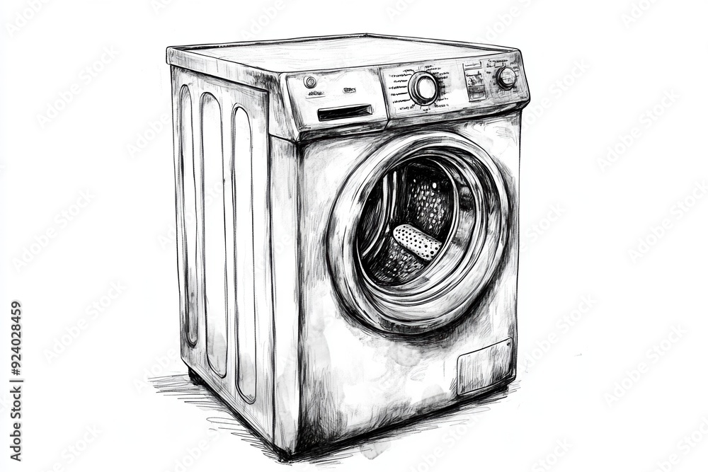Hand-drawn sketch of an old-fashioned washing machine with detailed ...